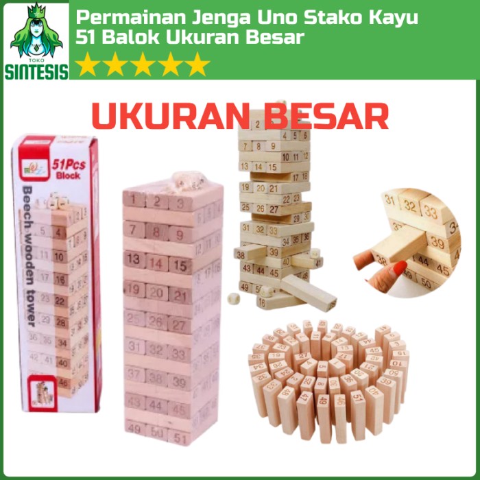 Jual Jenga Uno Stako Stacko Balok Susun Kayu Wooden Besar 51 Balok Dadu ...