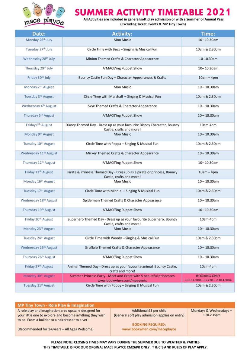 Activity Timetable - Soft Play Centre Chelmsford