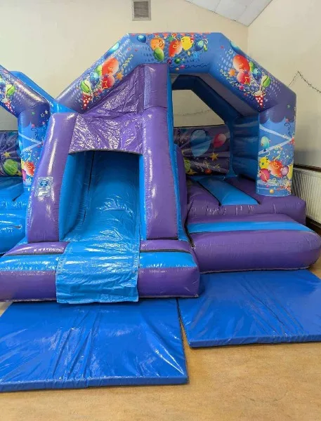 Blue And Purple Party Time Castle Combi With Slide - ABN Events