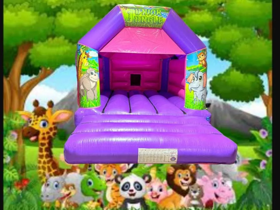 Jungle Themed Pink And Purple Castle Inflatable and Soft Play Hire Redcar
