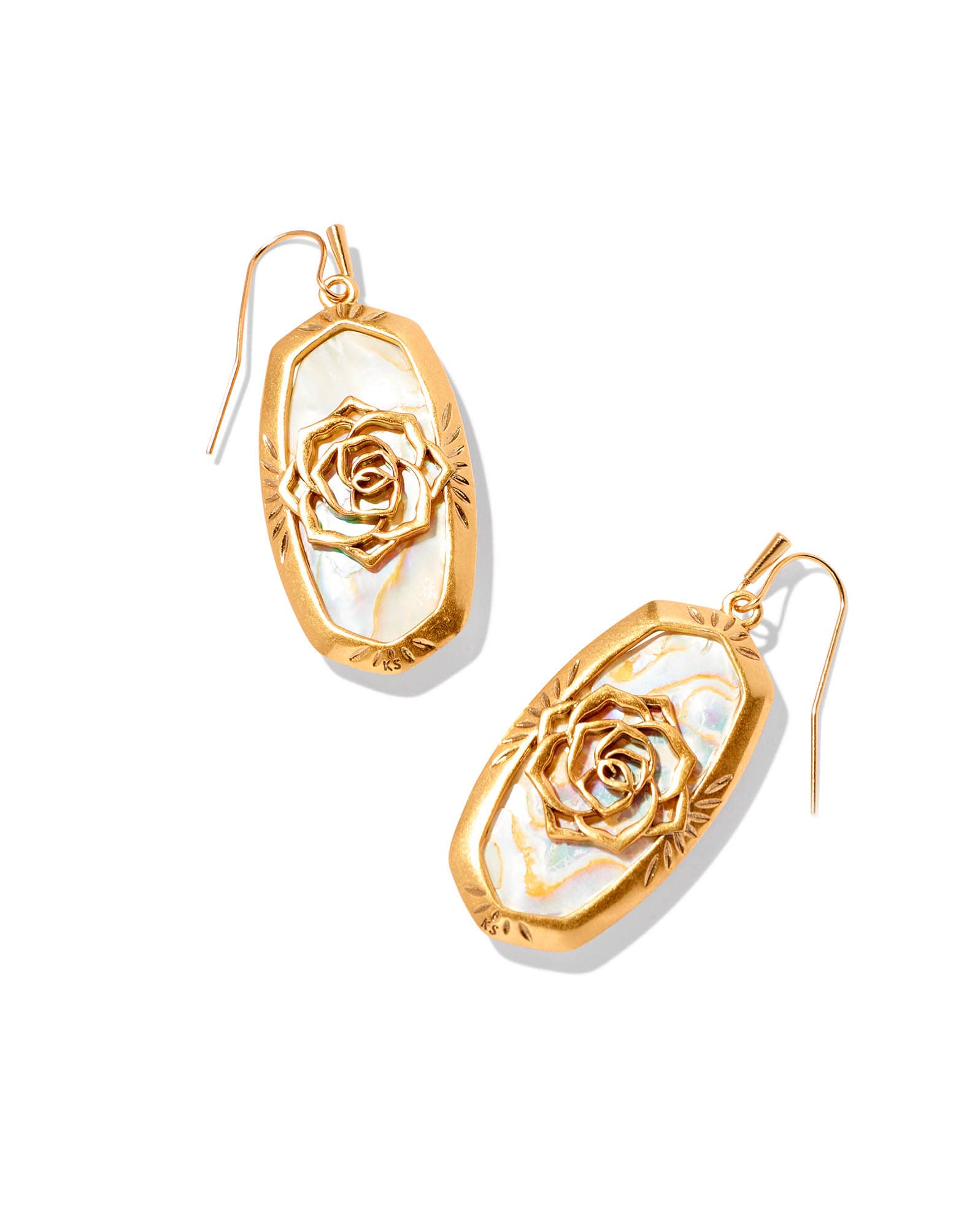 Elle Vintage Gold Etch Frame Drop Earrings in Iridescent Abalone ...