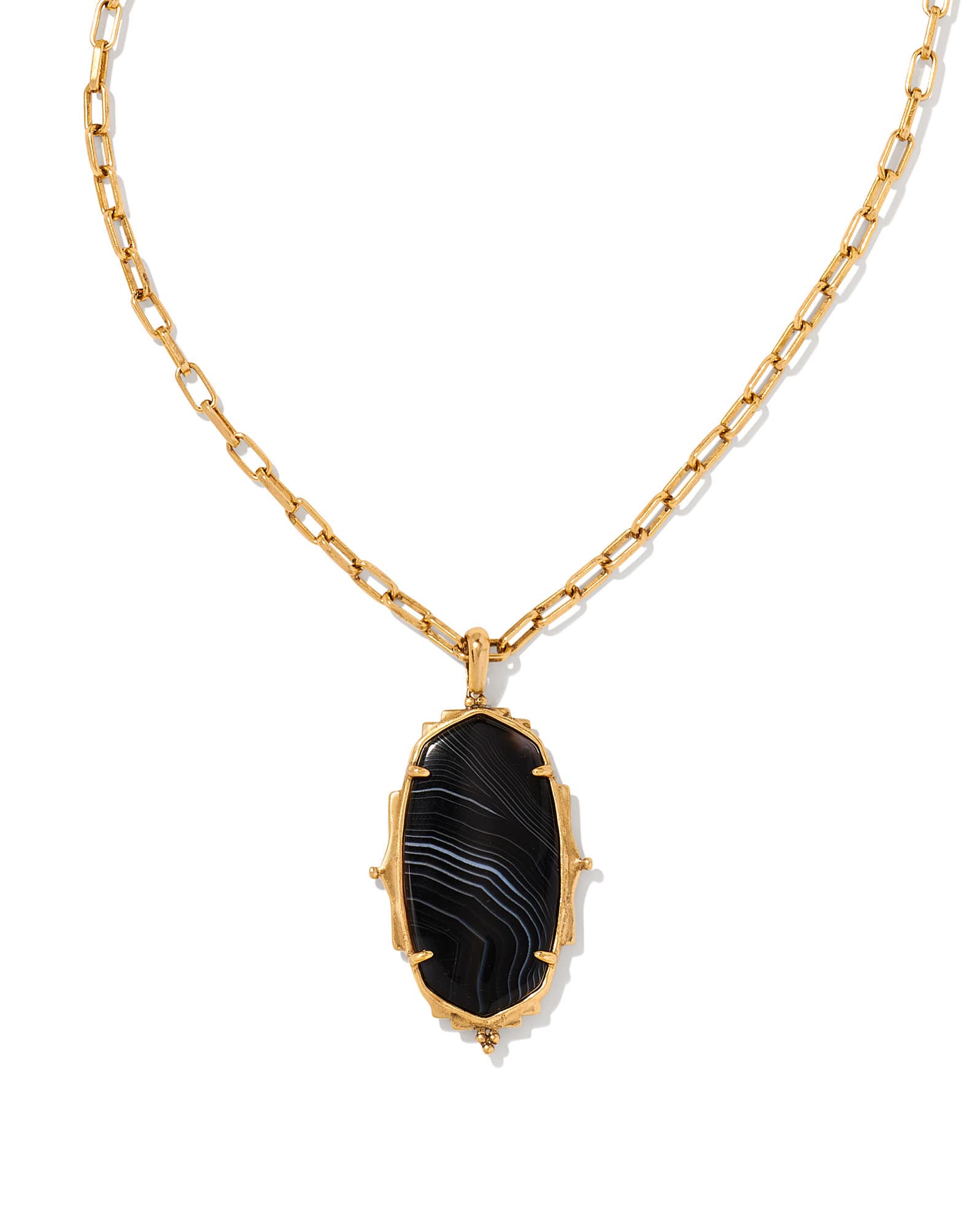 Baroque Ella Vintage Gold Long Pendant Necklace in Black Banded Agate ...