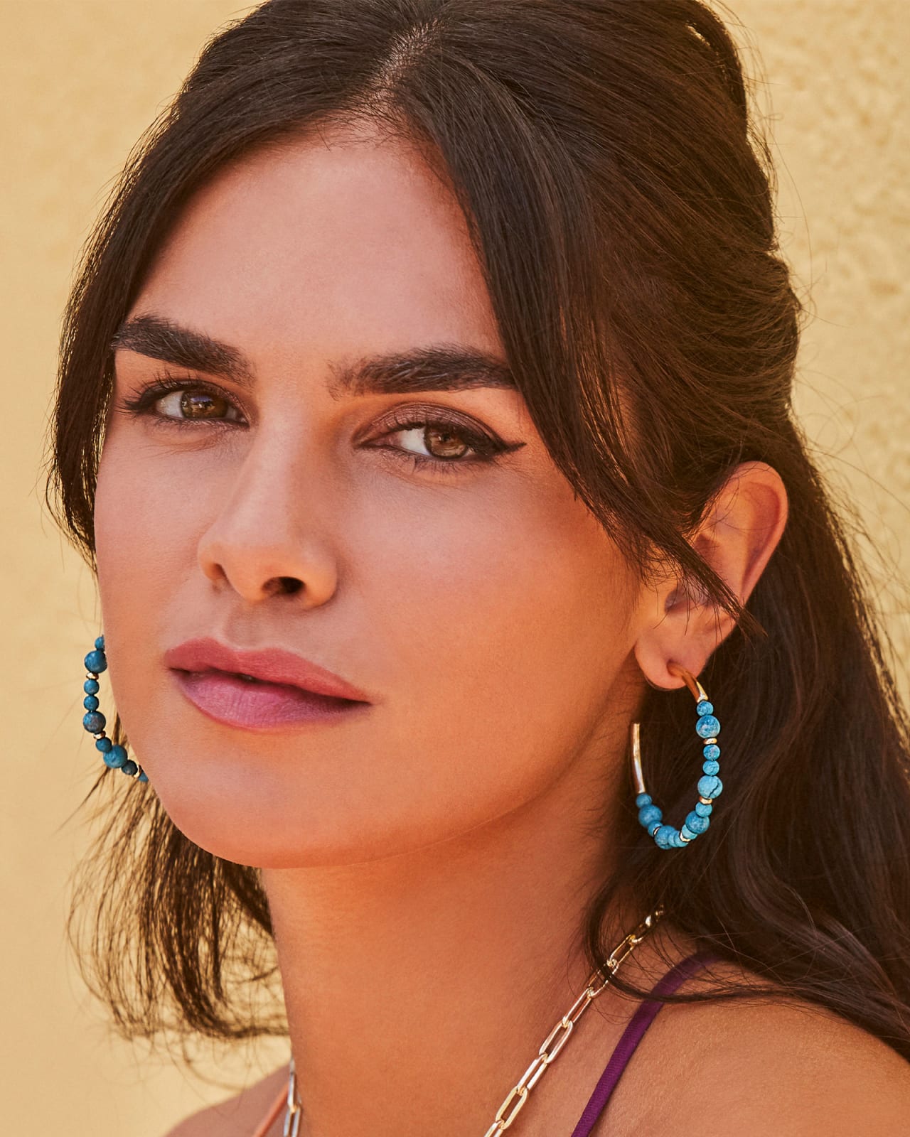 Jovie Gold Beaded Hoop Earrings in Variegated Dark Teal Magnesite ...