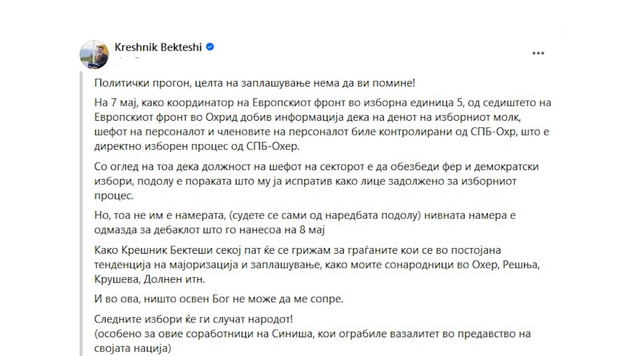Телевизија 24 Кривична пријава за Бектеши тој обвини за реваншизам