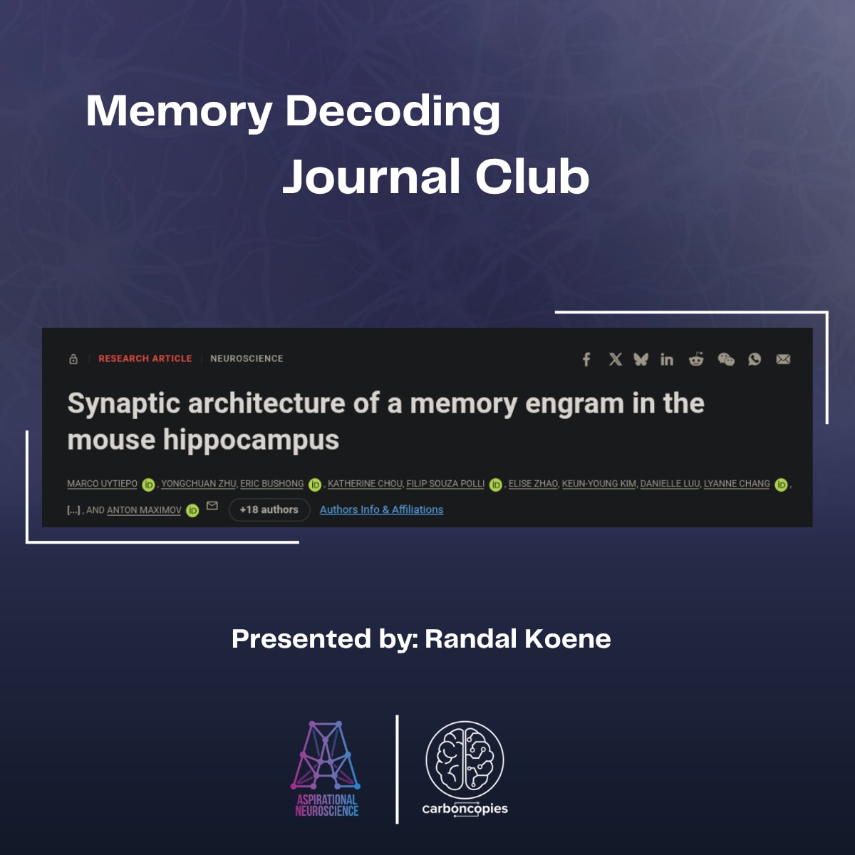 Memory Decoding Journal Club: Synaptic architecture of a memory engram ...