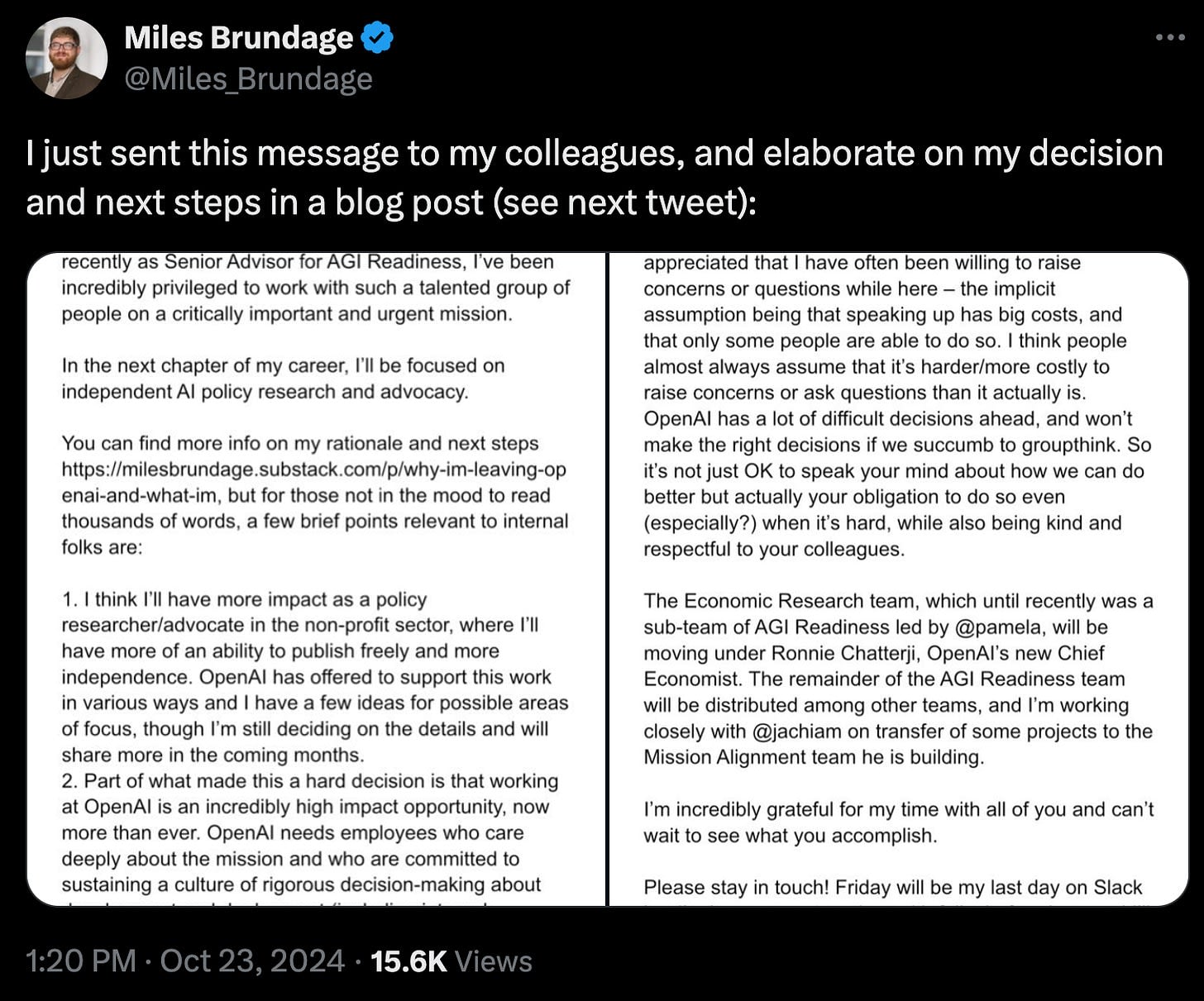 Miles Brundage resigned from OpenAI, and his AGI readiness team was disbanded — LessWrong