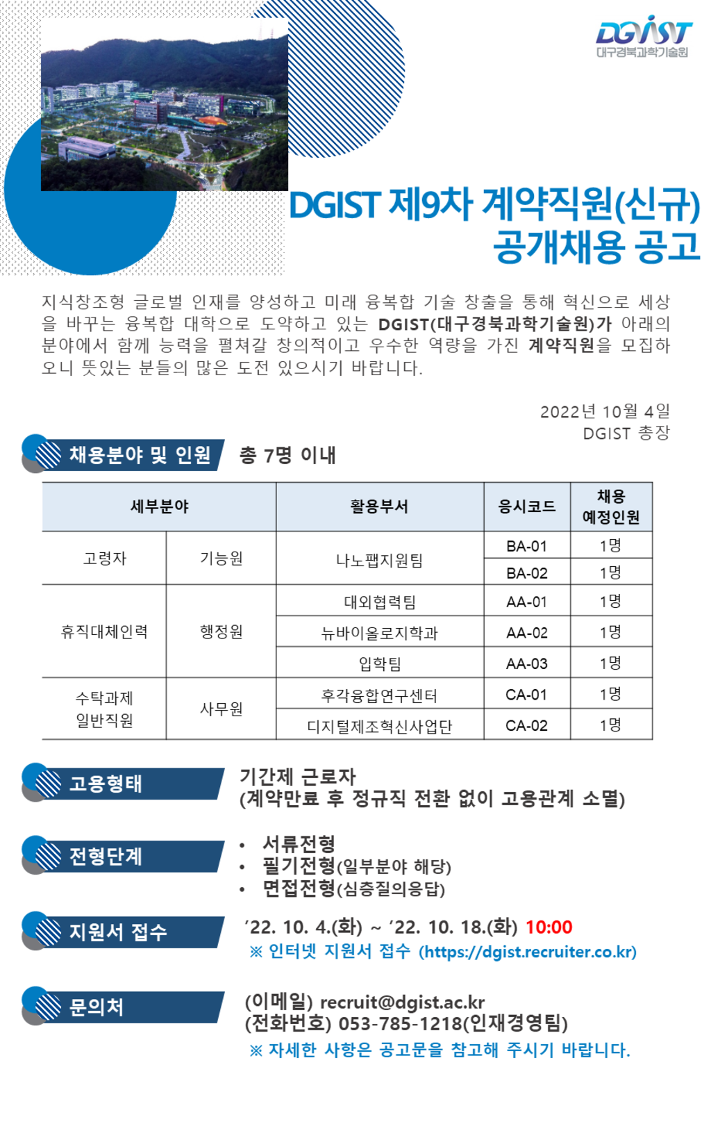 DGIST 2022년도 제9차 계약직원(신규) 공개채용 공고 | 공모전 대외활동-링커리어
