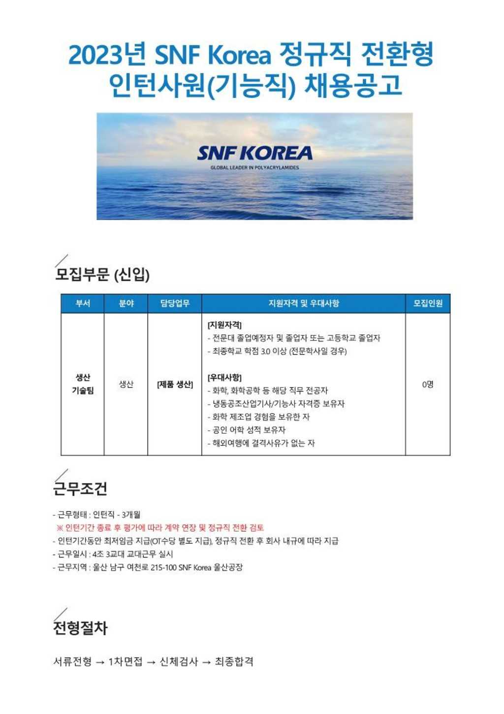 2023년 SNF Korea 정규직전환형 인턴사원(기능직) 채용공고 | 공모전 대외활동-링커리어