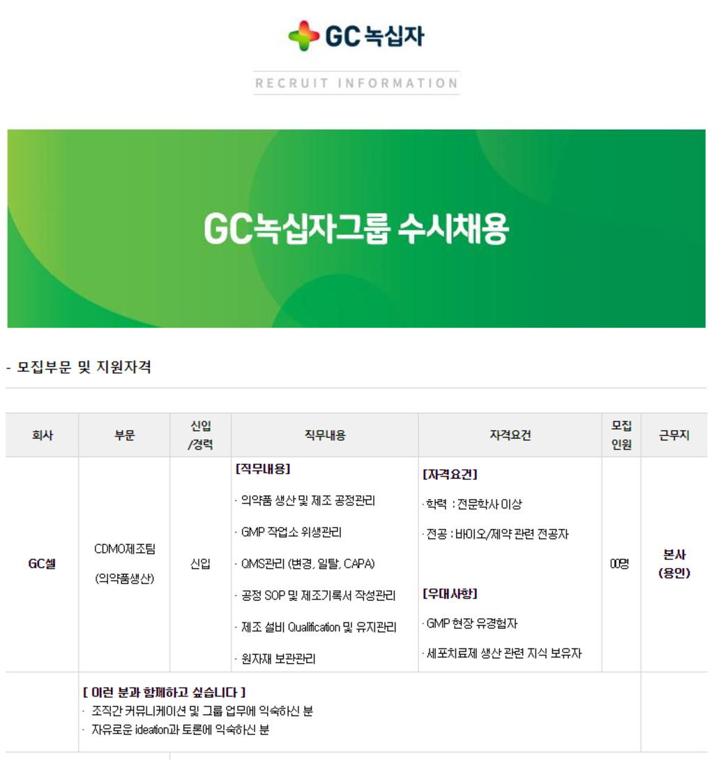 [GC셀] CDMO제조팀 의약품 생산 담당자 모집 | 공모전 대외활동-링커리어