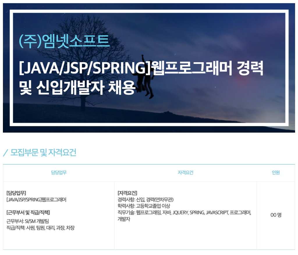 (주)엠넷소프트 [JAVA/JSP/SPRING]웹프로그래머 경력 및 신입개발자 채용 | 공모전 대외활동-링커리어
