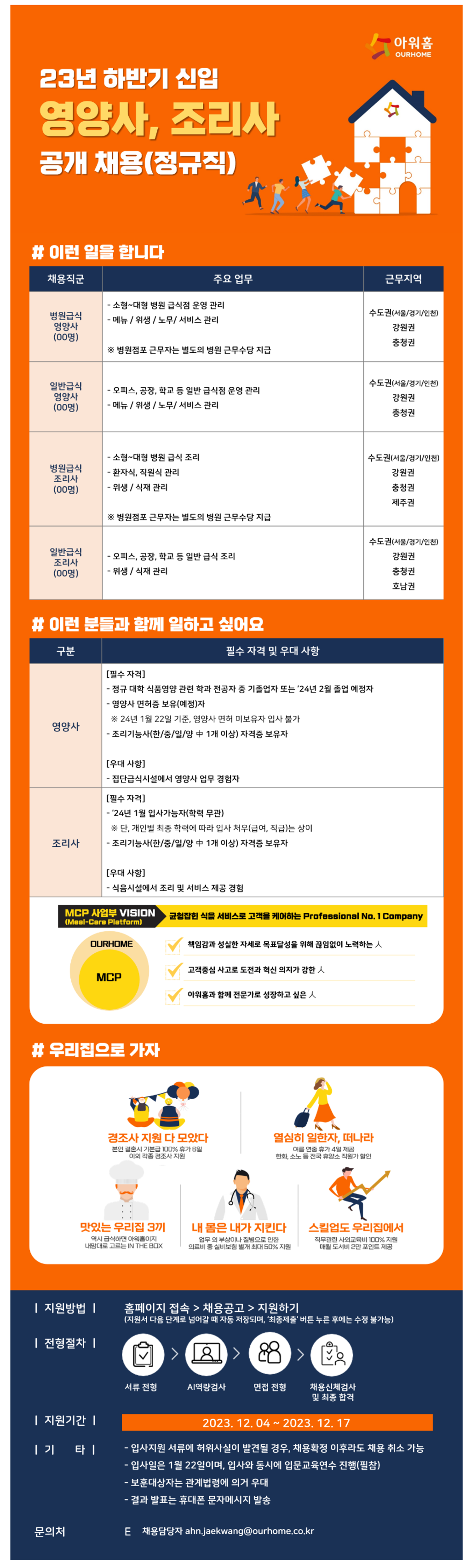 [아워홈] 2023년 하반기 신입 영양사/조리사 공개채용 | 공모전 대외활동-링커리어