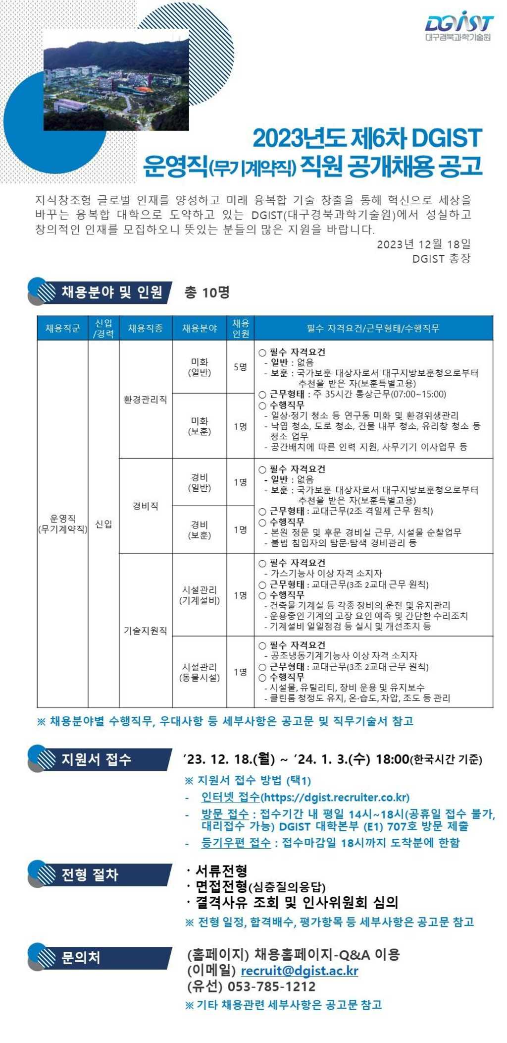 [대구경북과학기술원] 2023년도 제6차 DGIST 운영직(무기계약직) 직원 채용 공고 | 공모전 대외활동-링커리어