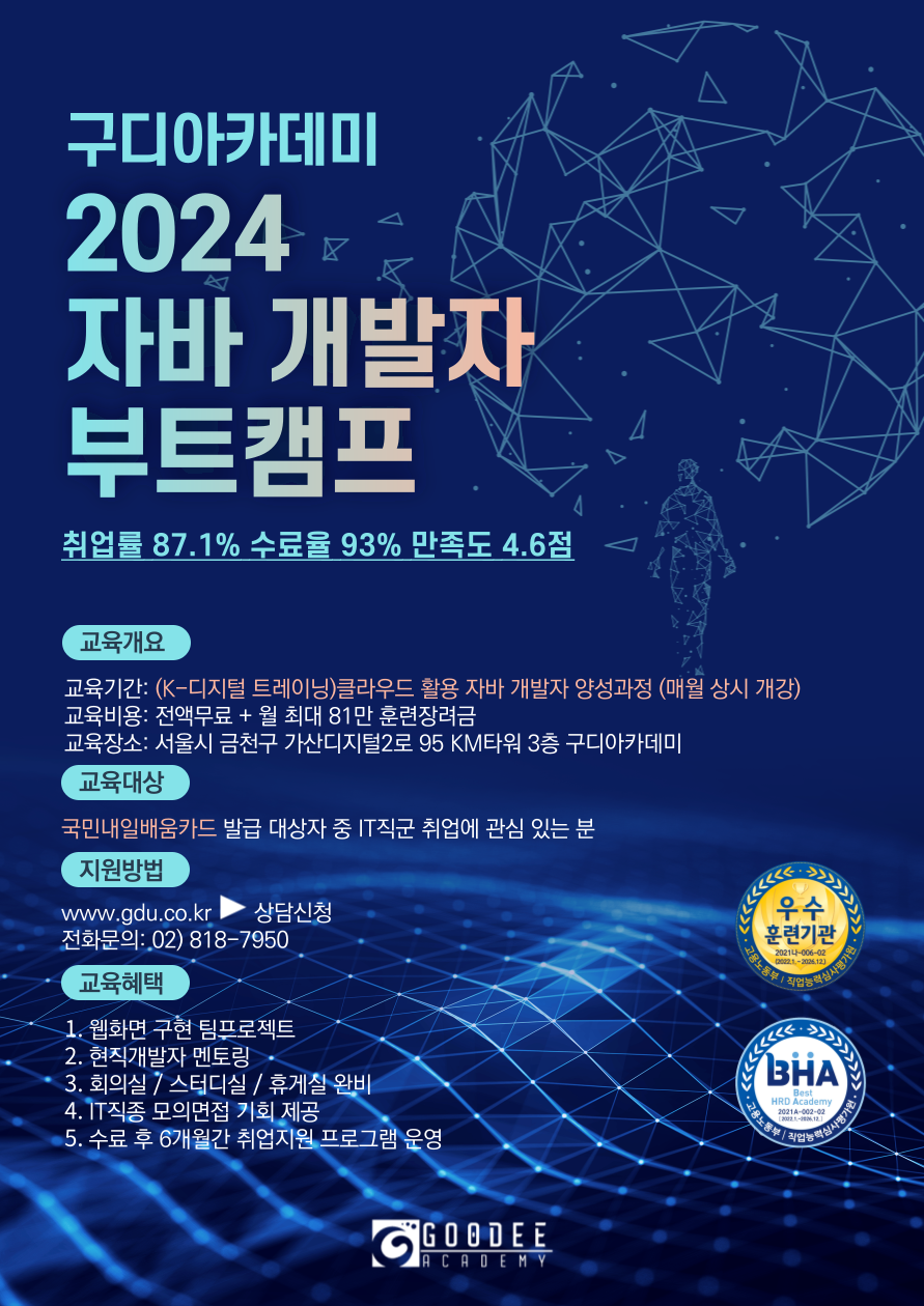 웹개발자 취업지원 취업률 87 수료율 93를 자랑하는 구디아카데미에서 자바 부트캠프 참여하고 웹개발자로 취업할 수강생