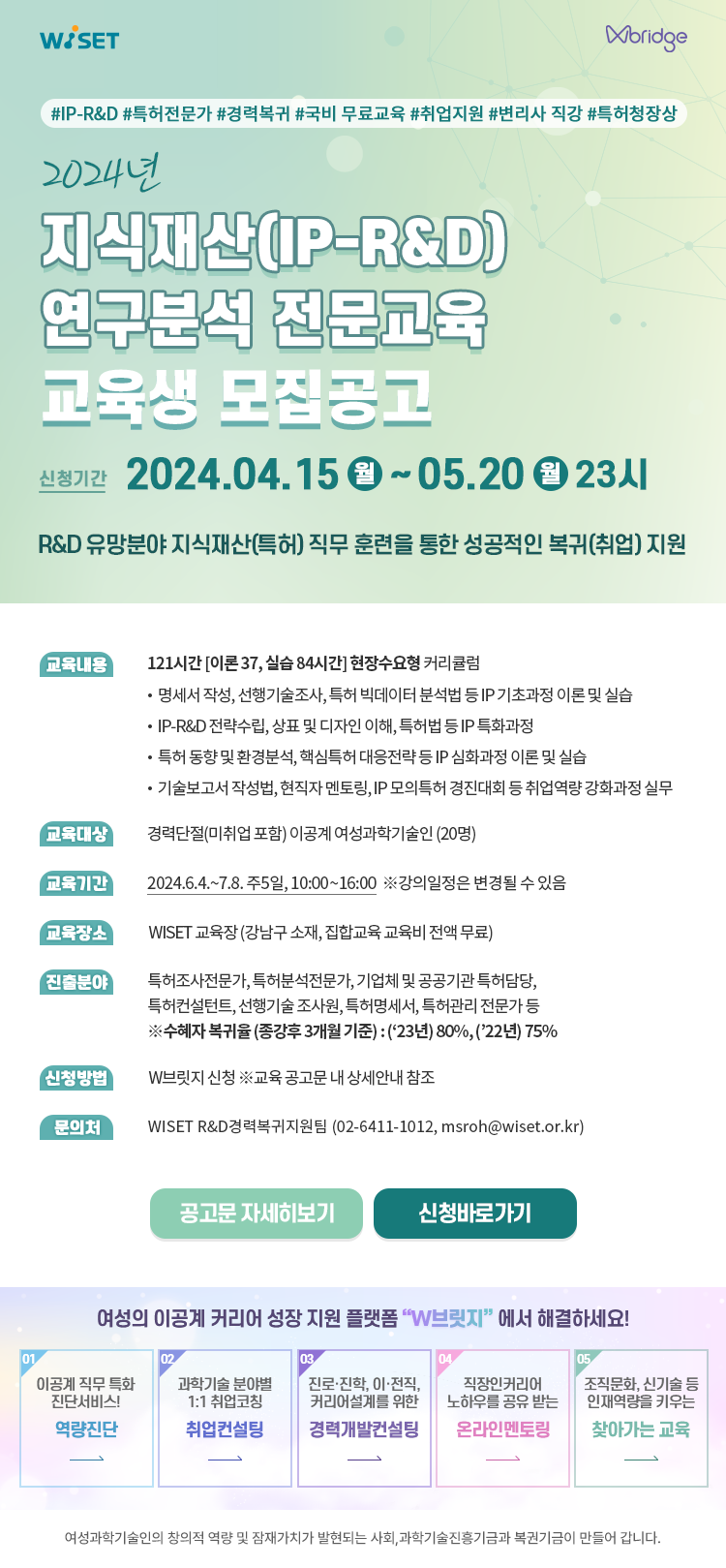[WISET]★이공계 경력단절(미취업) 여성 주목! ★ 2024년 「지식재산(IP-R&D) 연구분석 전문교육」교육생 모집(~5/20) | 공모전 대외활동-링커리어