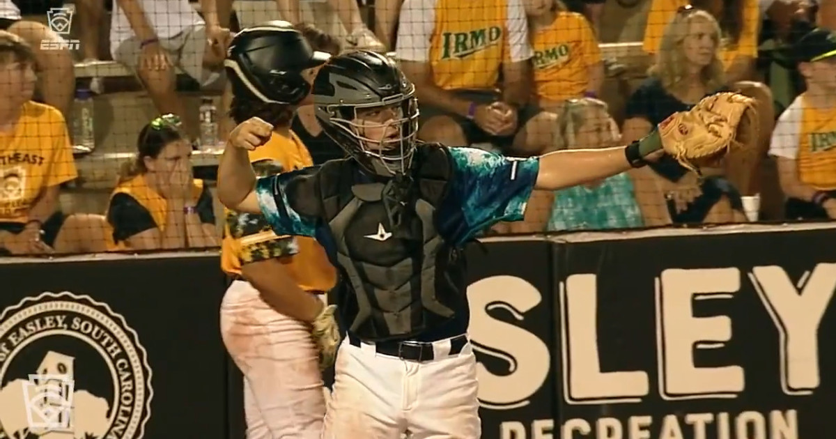 Aedan Queen catches runner stealing - Little League