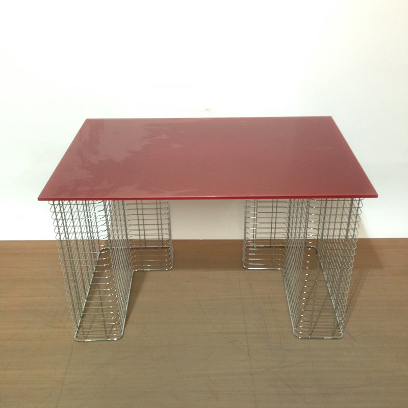 Ruby Red Glass Top Desk With Chrome Supports | LONDON PROP HIRE