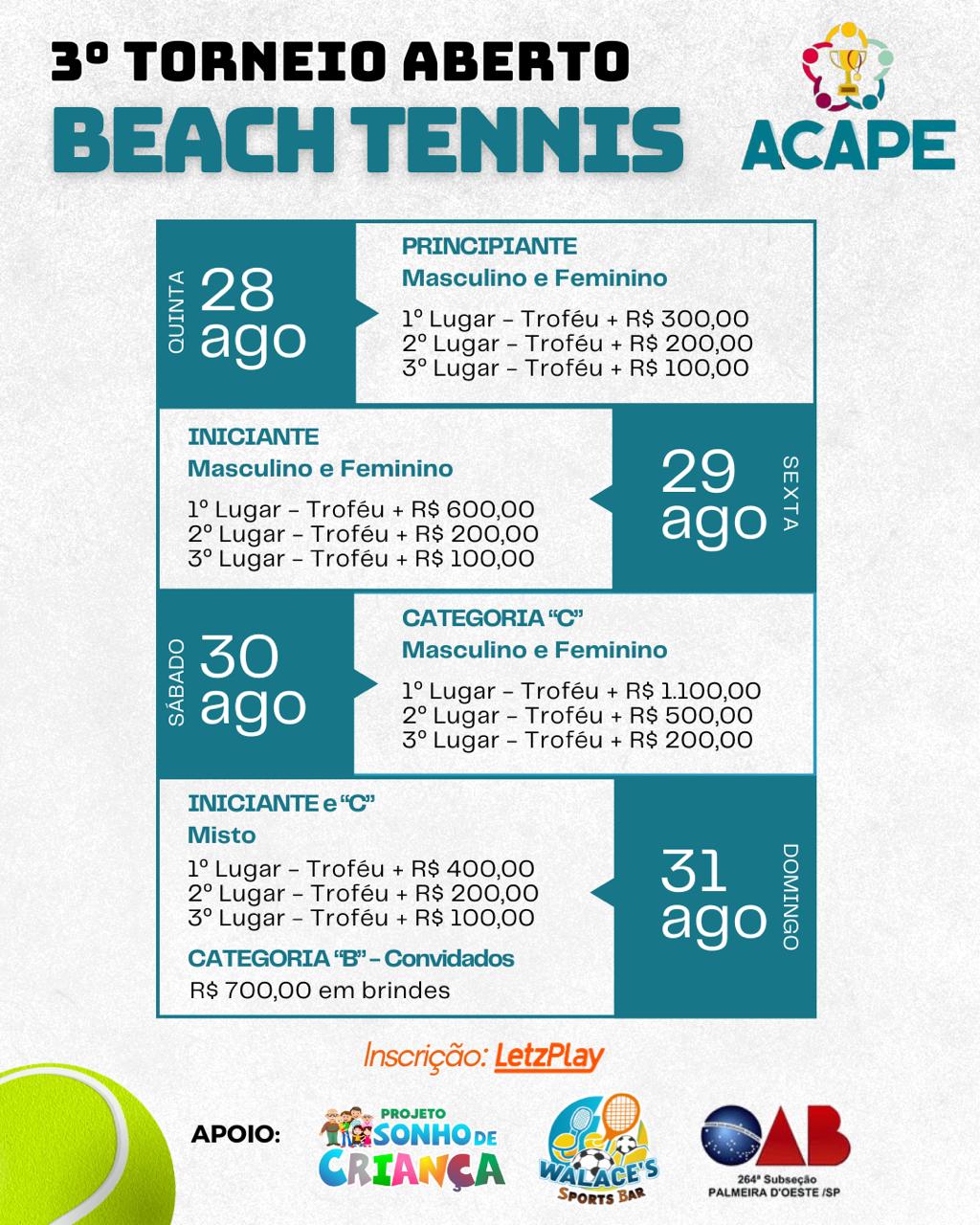 Informações do Torneio 3º Torneio Aberto Beach Tennis - ACAPE - LetzPlay