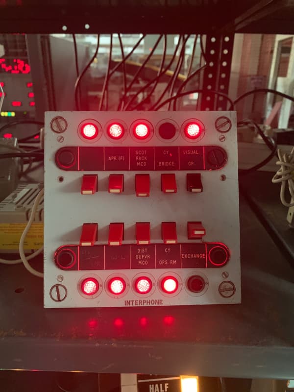 Practical turquoise military panel with red lever switches and lights ...