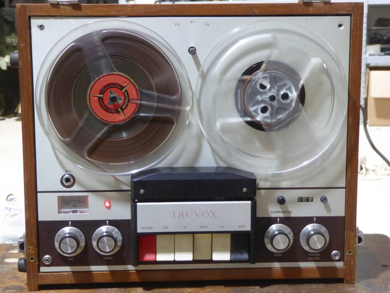 Practical Truvox 1970s reel to reel tape recorder in brushed aluminium & teak | Electro Props Hire