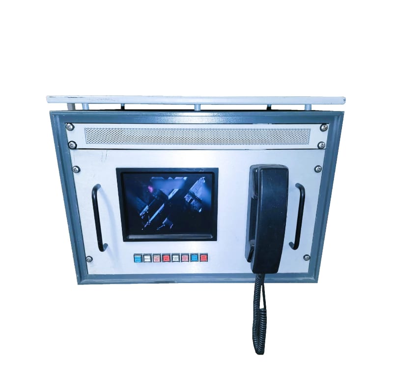 Practical desktop cabinet with video display, buttons & telephone ...