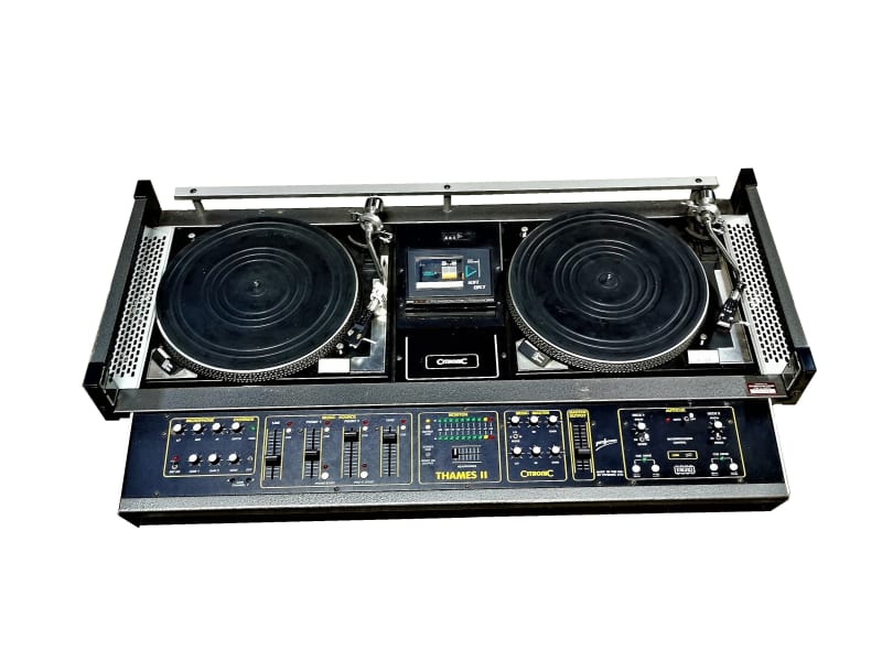 Practical portable period DJ/disco console with twin turntables, LEDs ...
