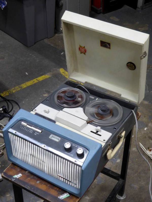 Practical, portable 1960s HMV domestic reel to reel tape recorder | Electro Props Hire