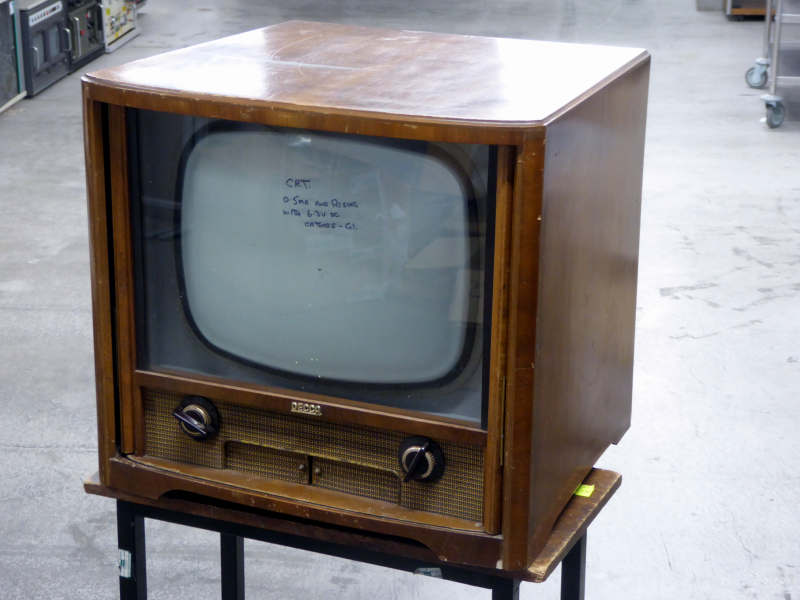 1956 Black & white Decca DM4 17" wood veneer television with tambour ...