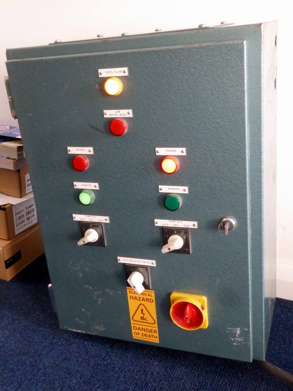 Large practical metallic blue electrical control box with switchable ...