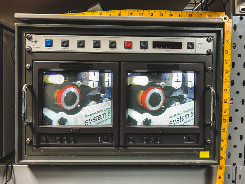 Two 9" JVC CRT monitors mounted in a desktop cab | Electro Props Hire