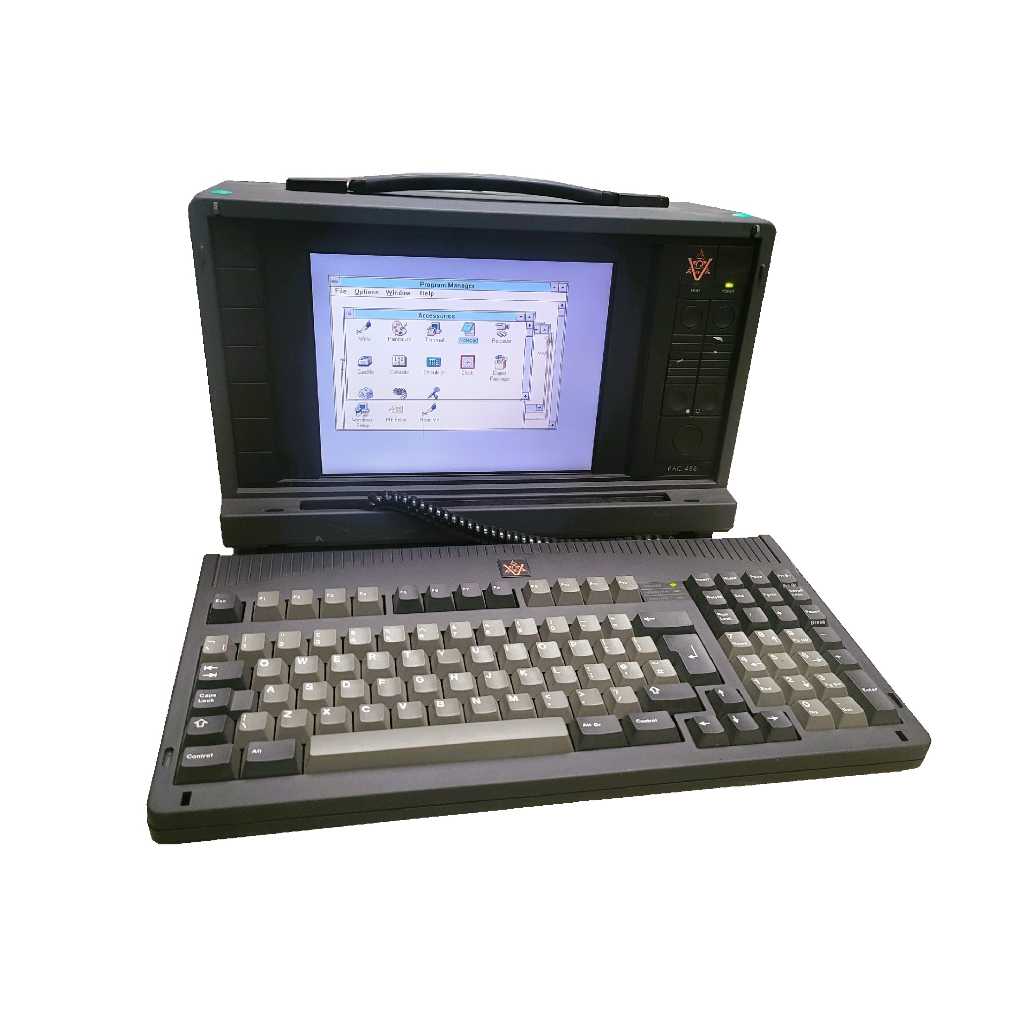 Early luggable computer with flat screen & swing down keyboard ...