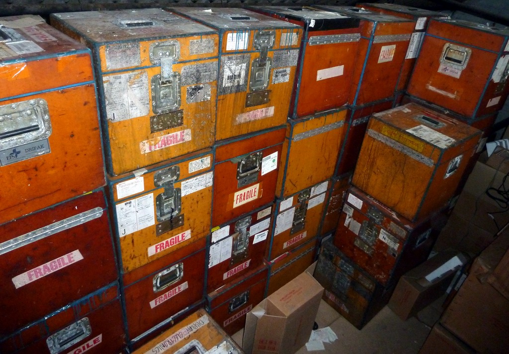 Wooden flight cases with original patina & labels | Electro Props Hire