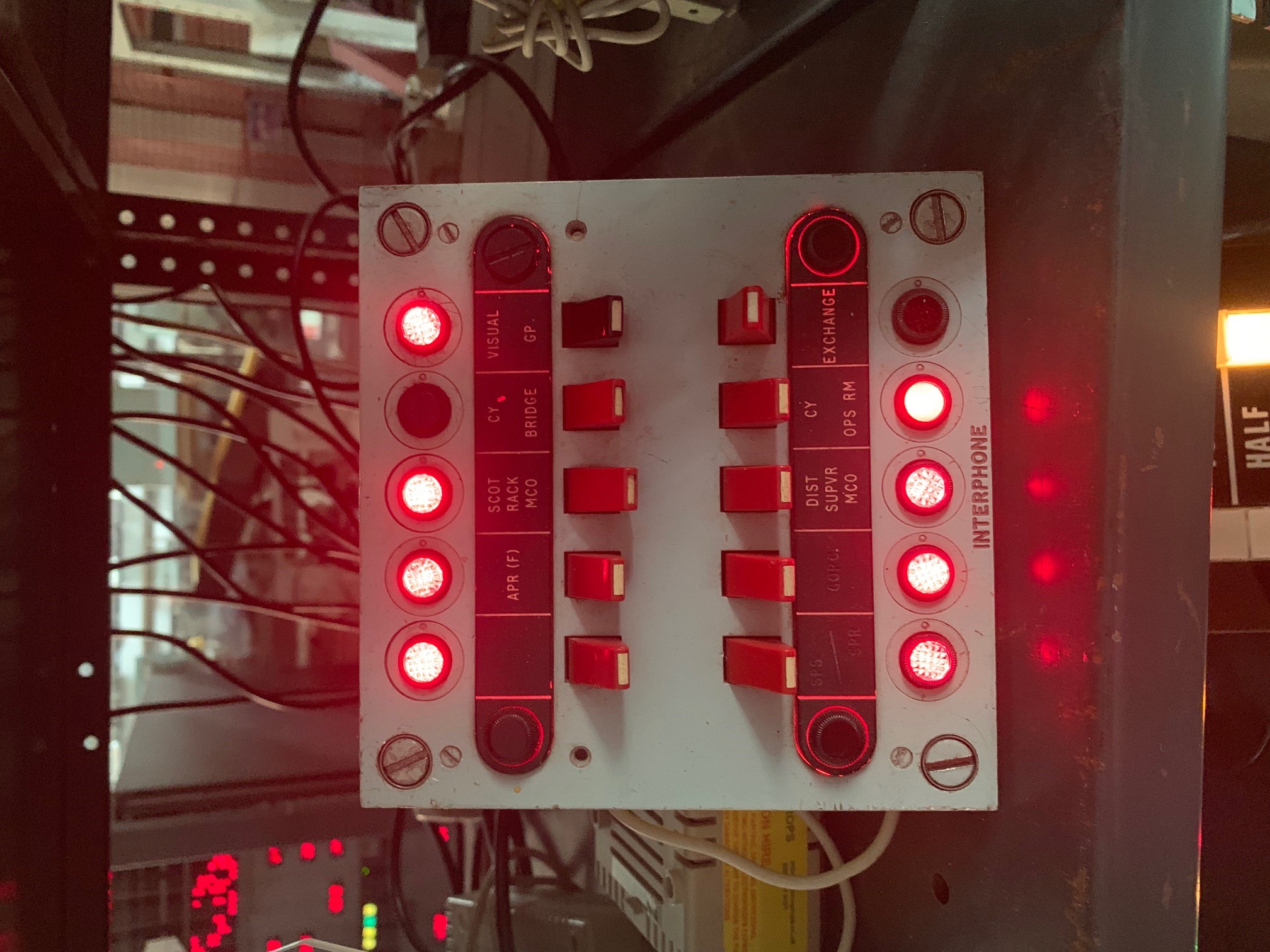 Practical turquoise military panel with red lever switches and lights ...