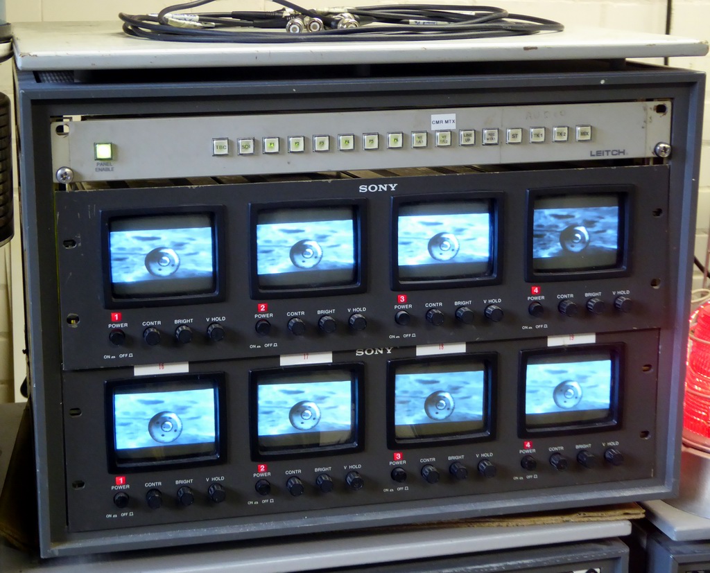 Bank of 8 small 1980s monochrome CRT monitors | Electro Props Hire