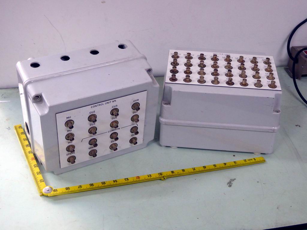 Light grey boxes with matrix of BNC sockets | Electro Props Hire