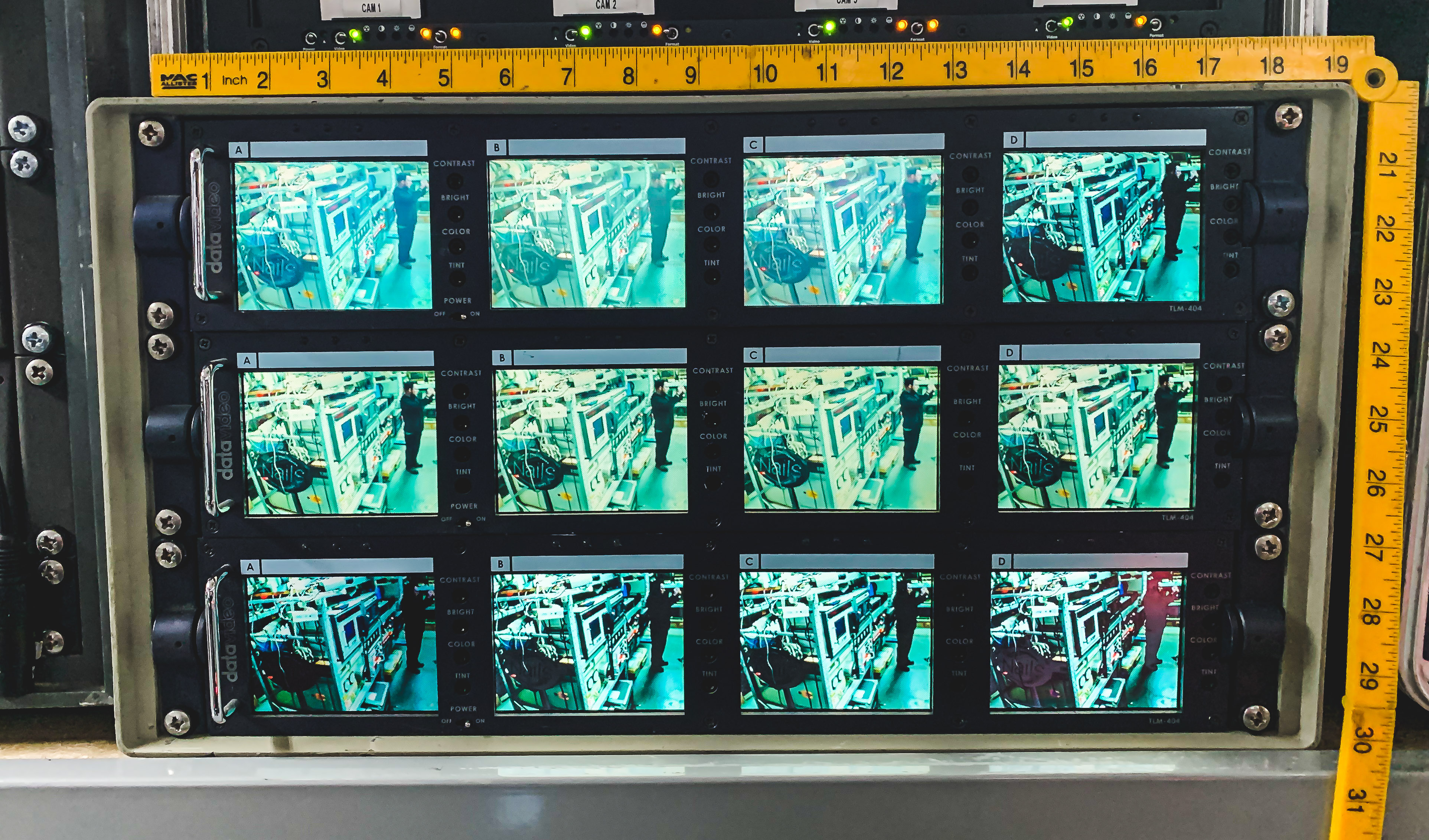 Three banks of four 4" monitors | Electro Props Hire