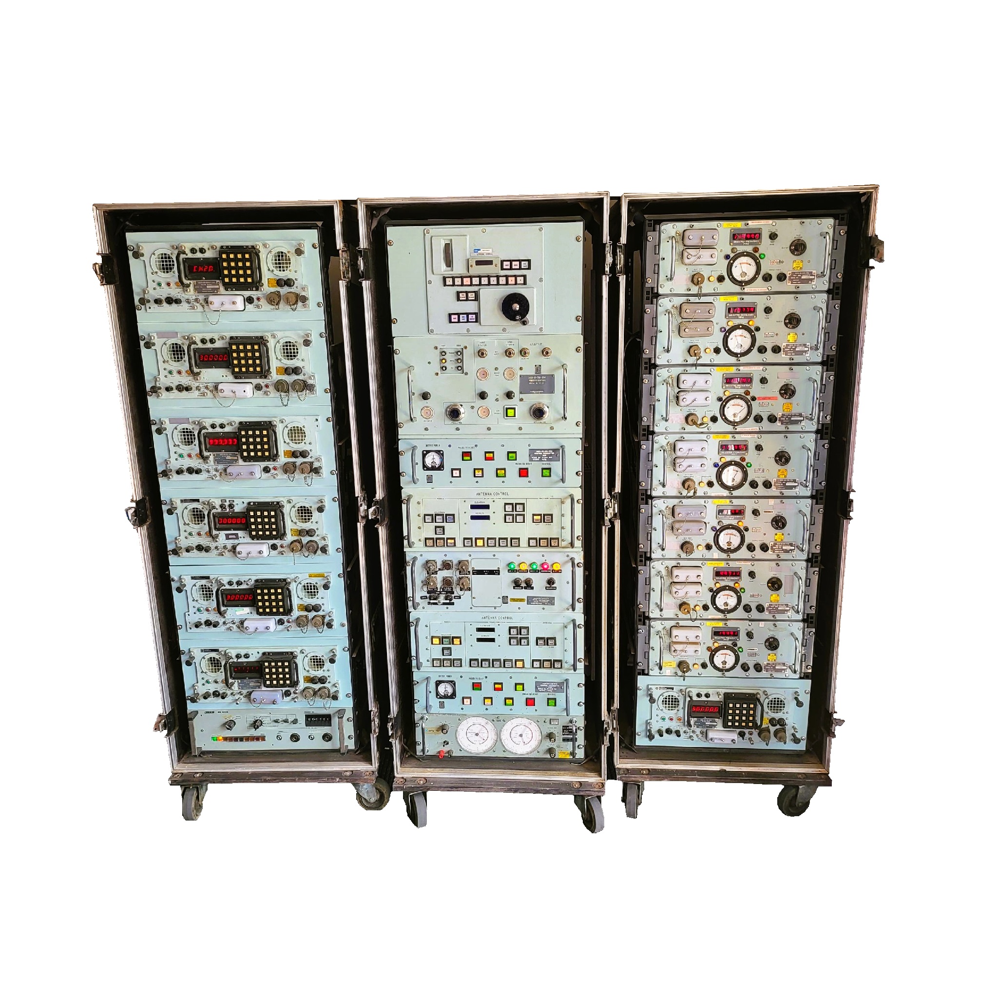 Navy/military control panels mounted in ruggedised, wheeled racks ...