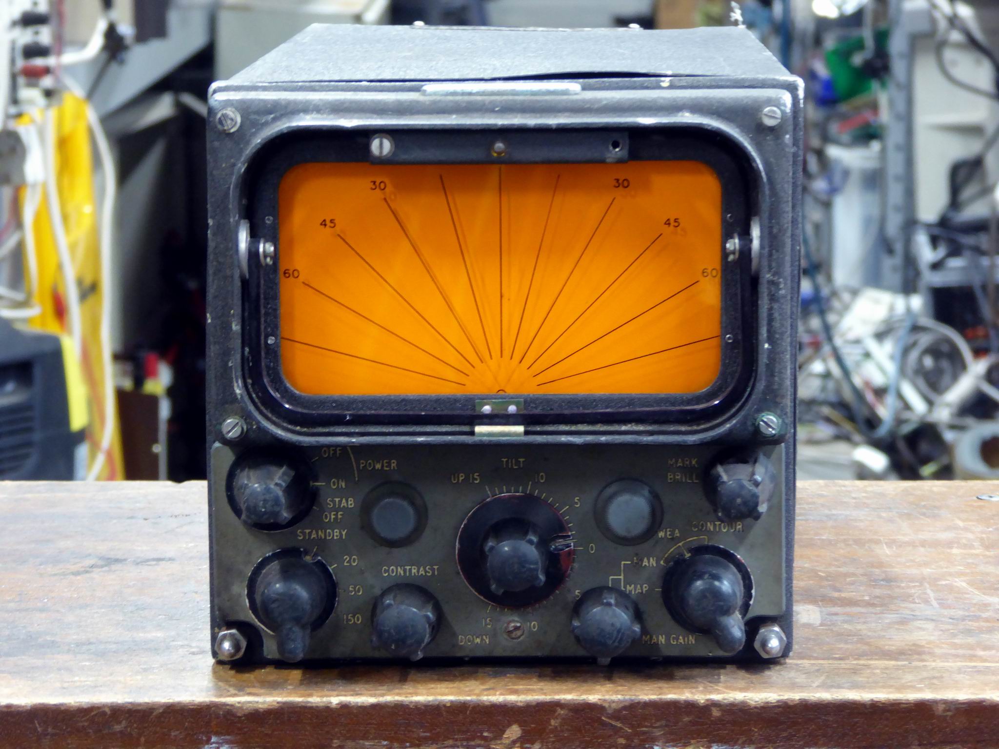 Aircraft radar display panel with knobs & orange rising sun display ...