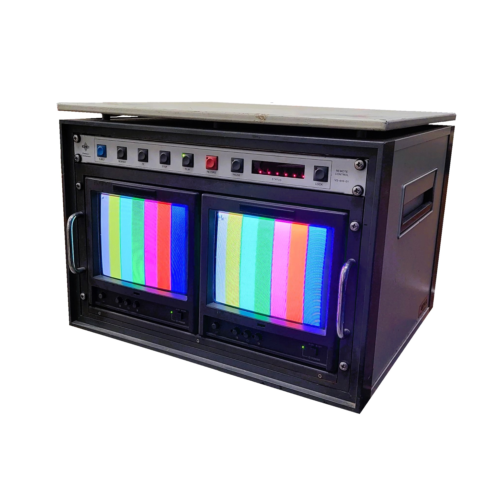 Two 9" JVC CRT monitors mounted in a desktop cab | Electro Props Hire