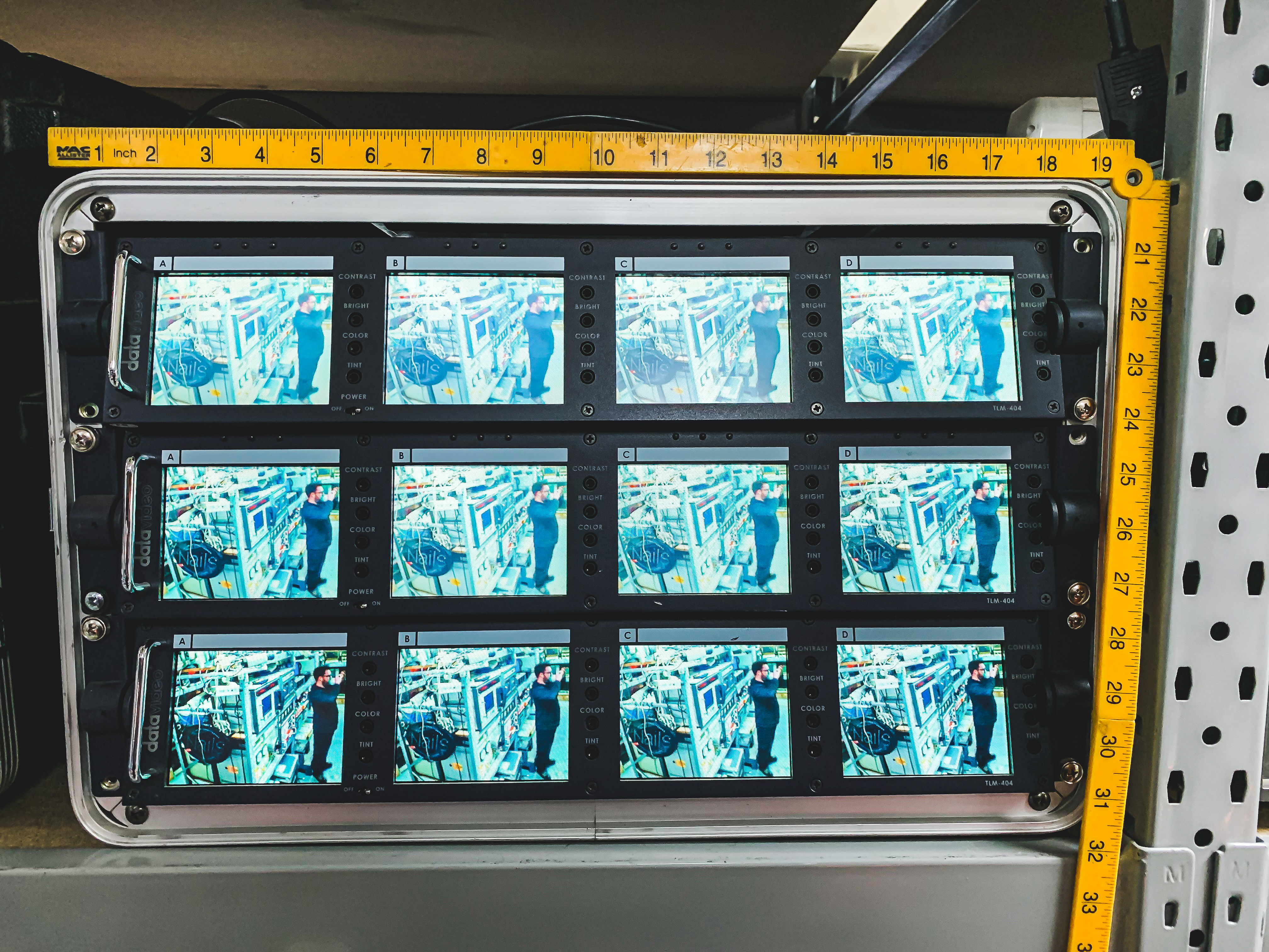 Three banks of four 4" LCD monitors | Electro Props Hire