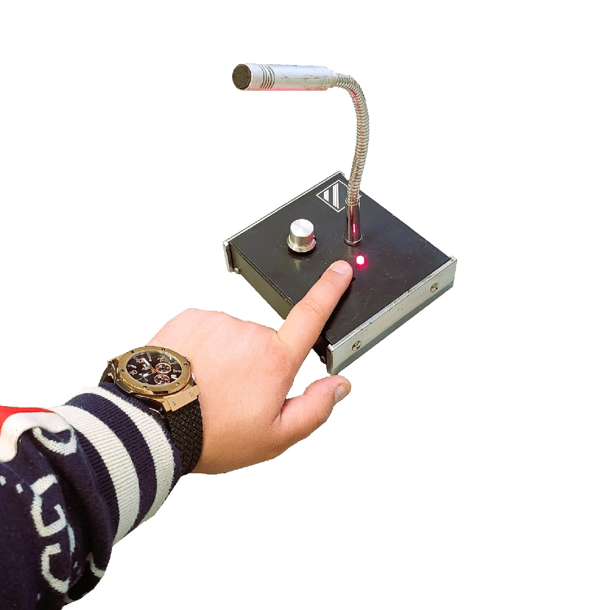 Black & Chrome Intercom Microphone With Red LED Light | Electro Props Hire