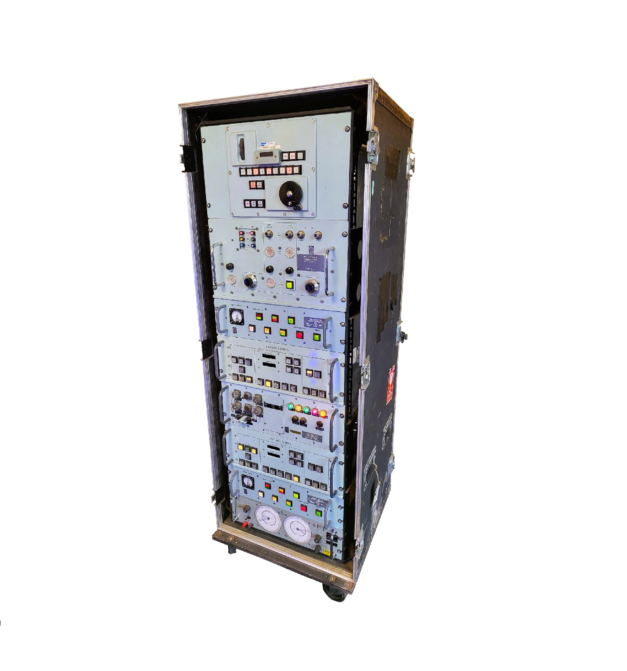 Navy/military control panels mounted in ruggedized, wheeled racks ...