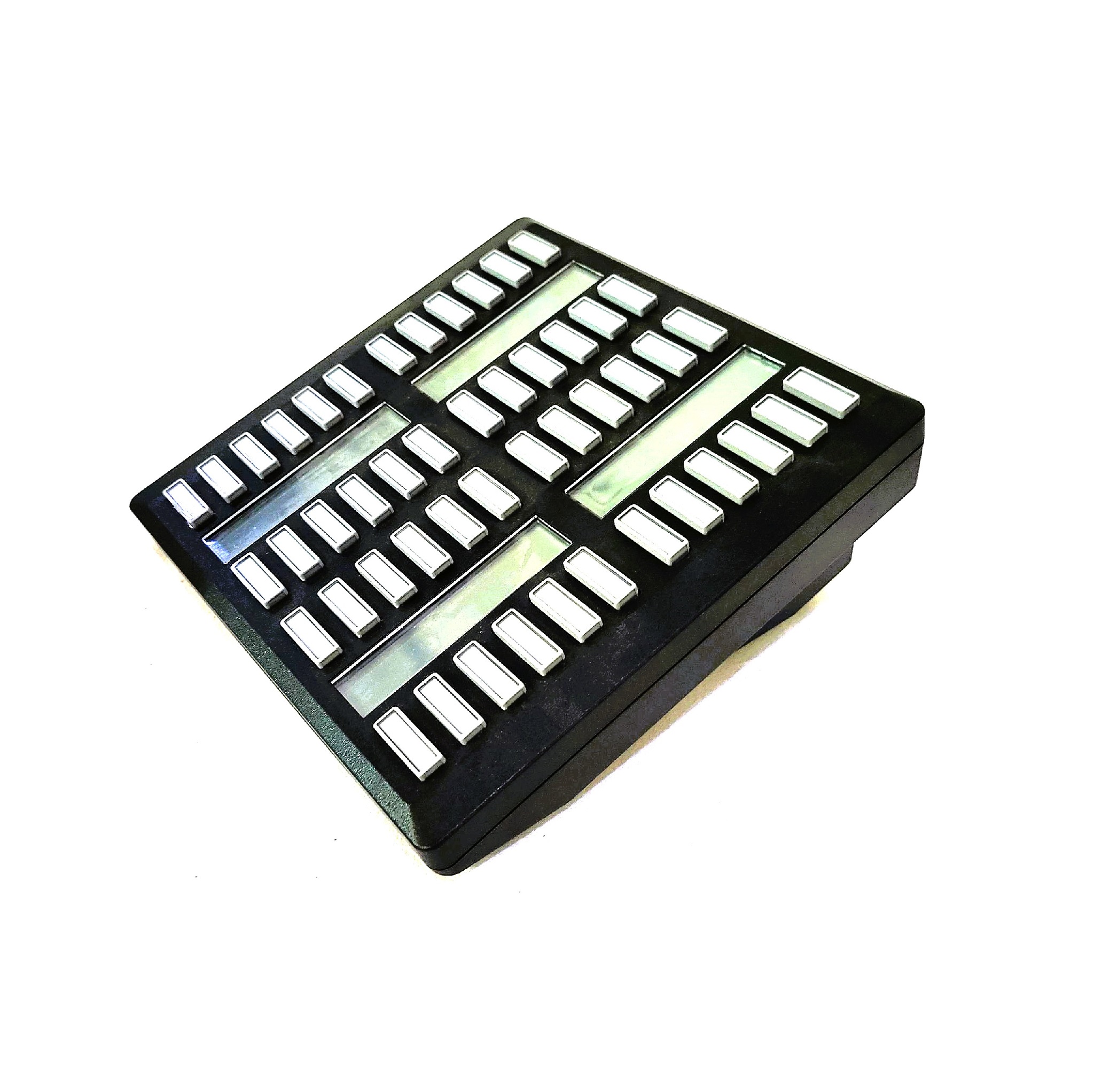 Sloping front black console boxes with multiple rectangular buttons ...