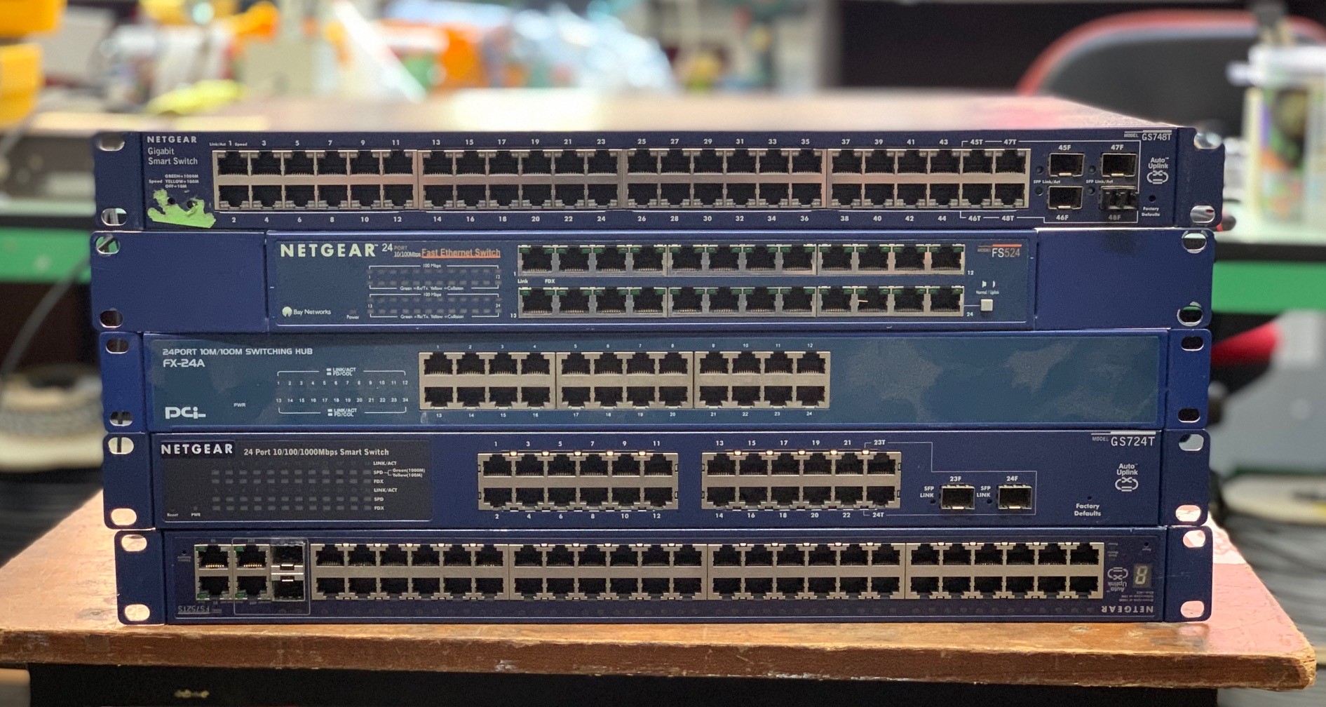Practical blue 19" NetGear Ethernet switch panels | Electro Props Hire