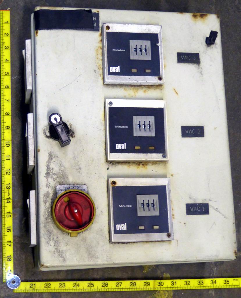 Distressed grey electrical box with 3 timers & master power switch | Electro Props Hire