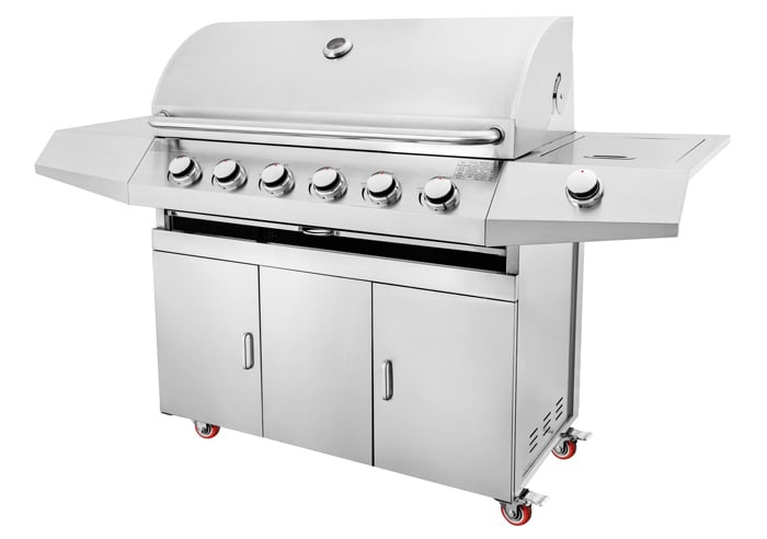 Free-standing gas grill with 6 burners and a side burner