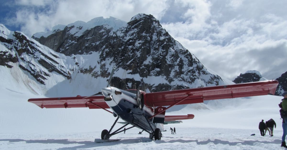 Panoramic flight over Alaska's Mt. Denali and Kalhitna Glacier, from ...