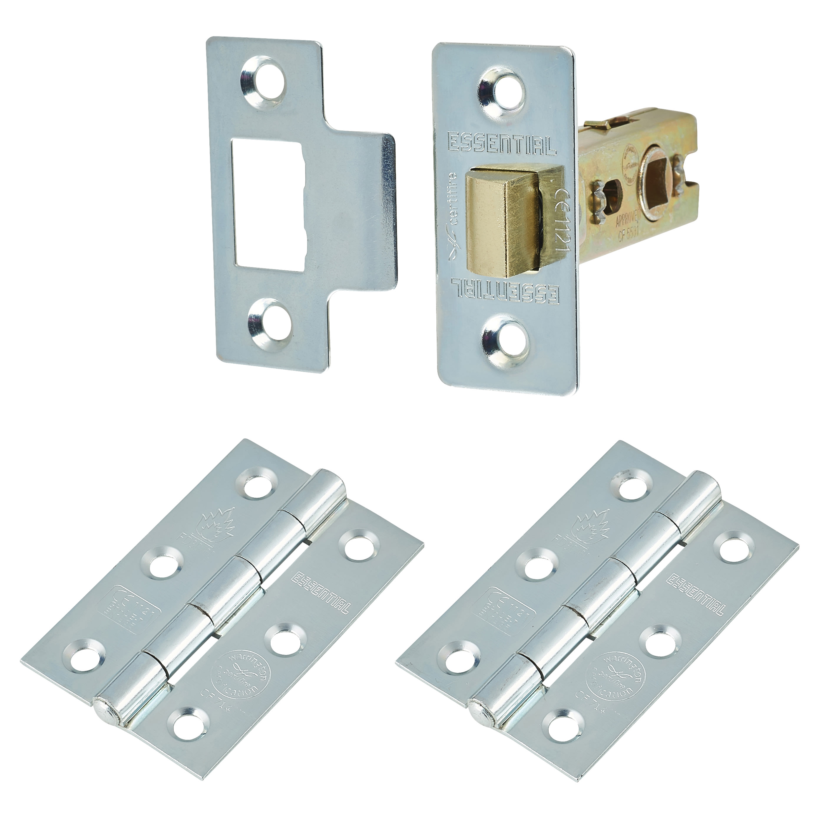 Touchpoint Latch Pack - 57mm Backset - 2 x Plain Steel Hinges - Bright ...