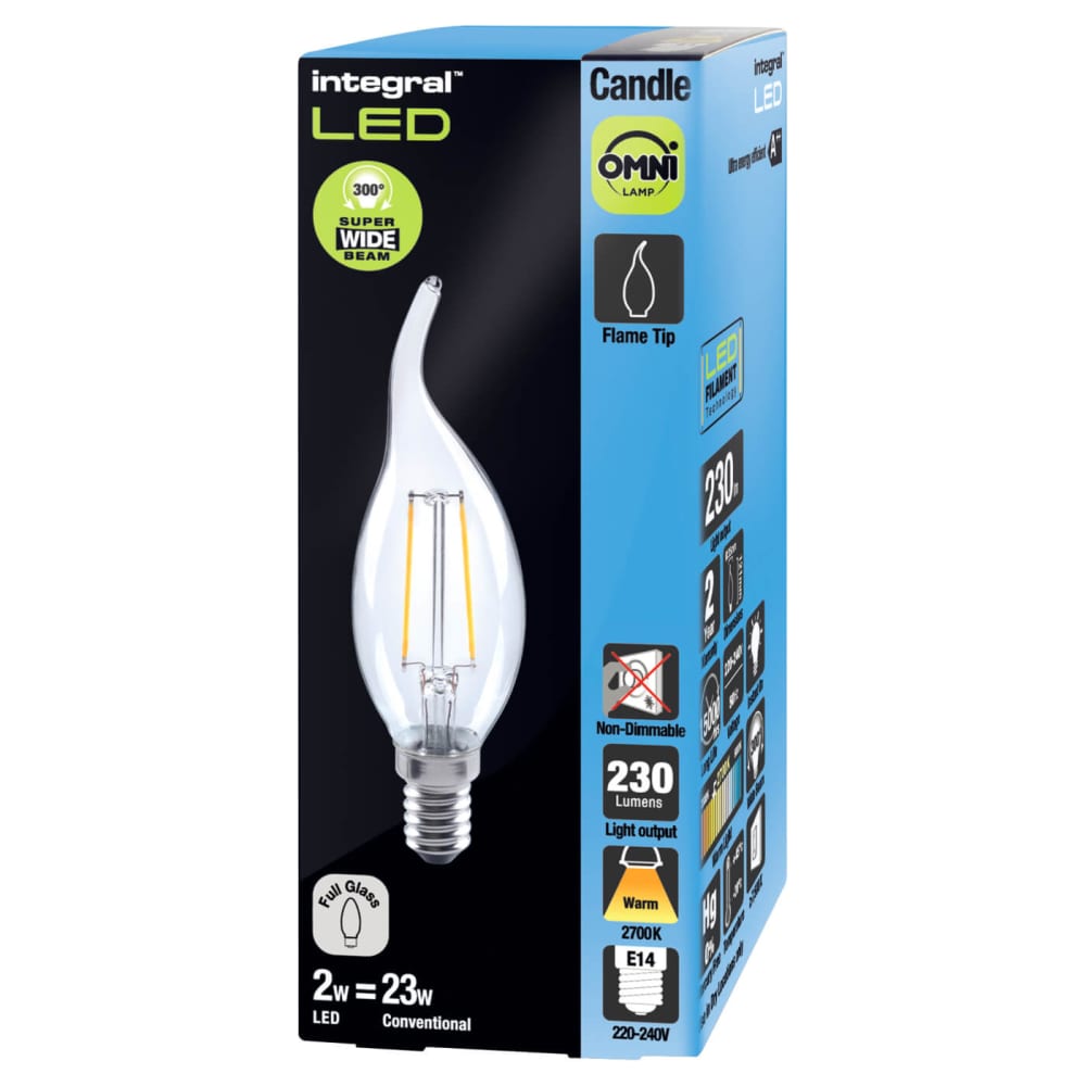 Integral LED Omni 2W SES-E14 LED Filament Flame Tip Candle Lamp - 2700K ...