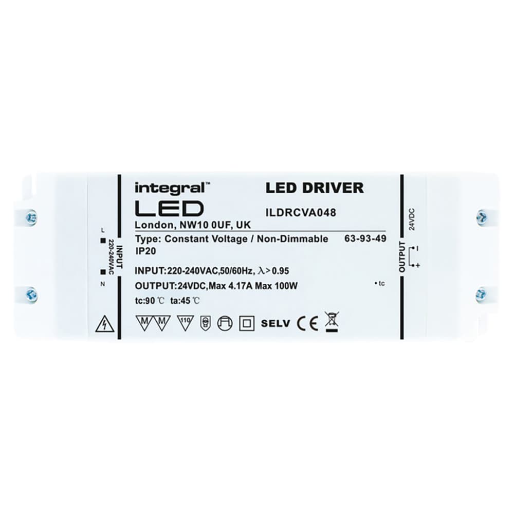 Integral LED 24V 100W Constant Voltage LED Driver - IP20 - 200-240VAC ...