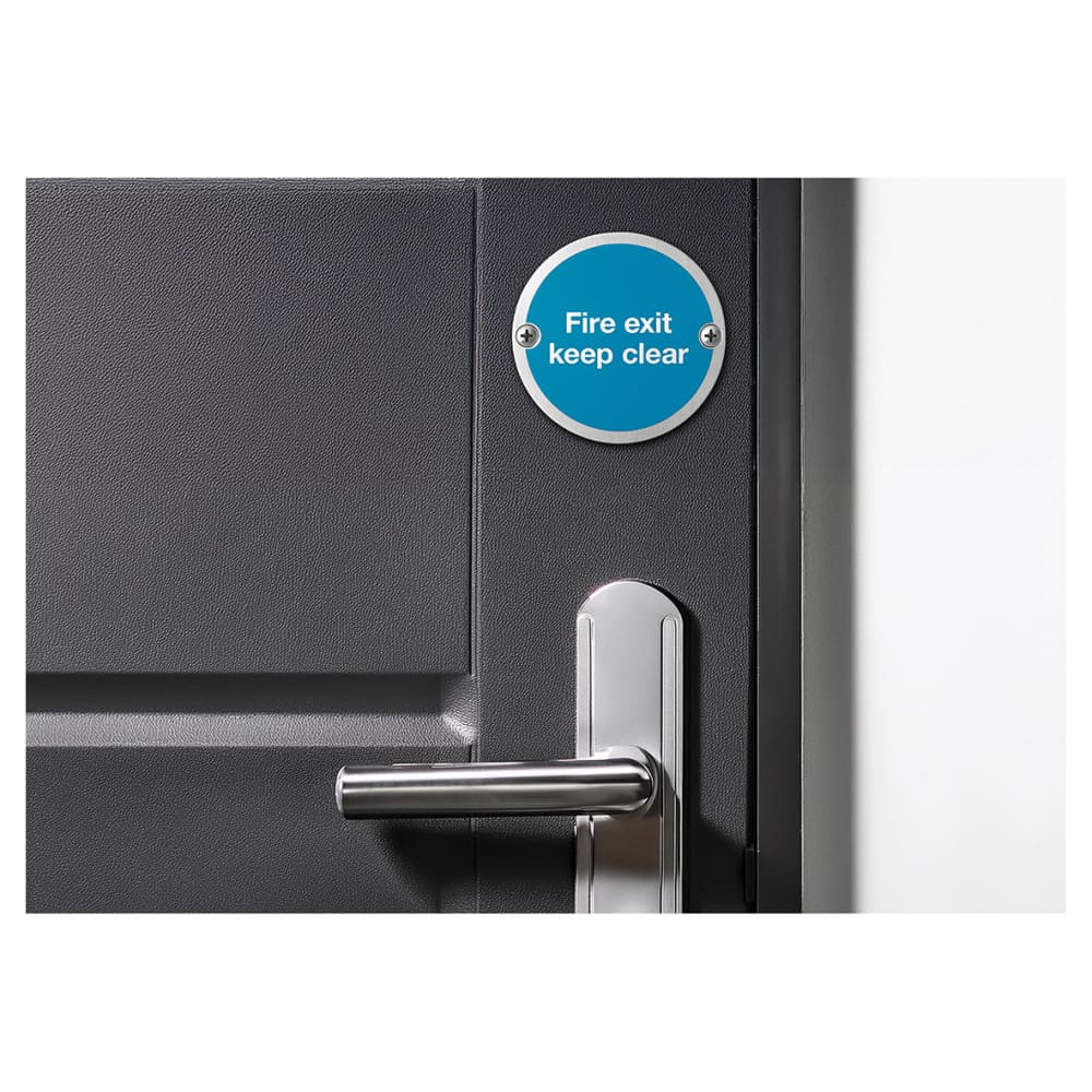 Altro Light Blue Fire Exit Keep Clear Door Sign - 75mm Diameter - Satin ...